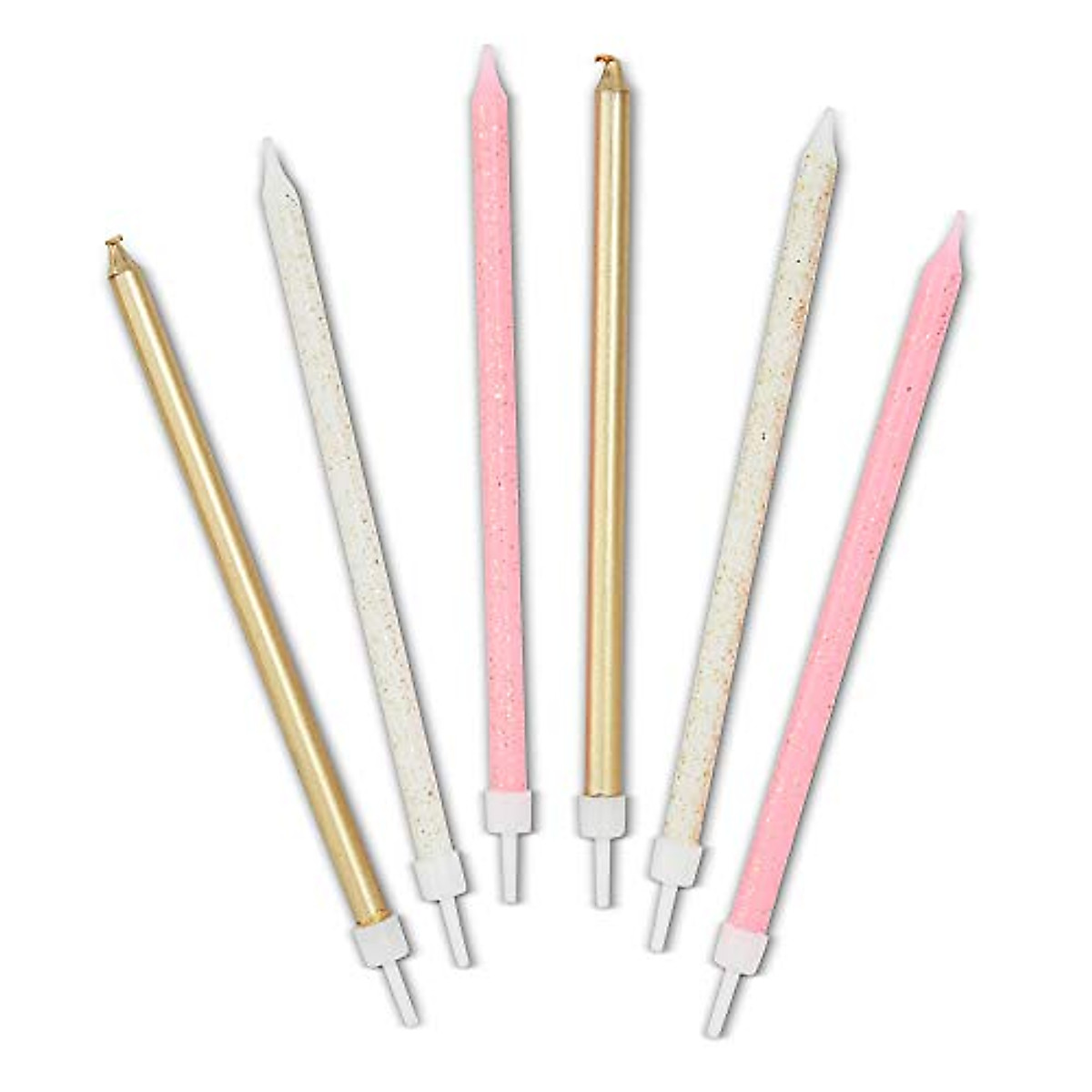 Metallic Glitter Long Thin Birthday Cake Candles in Holders (5 in, 48 Pack)