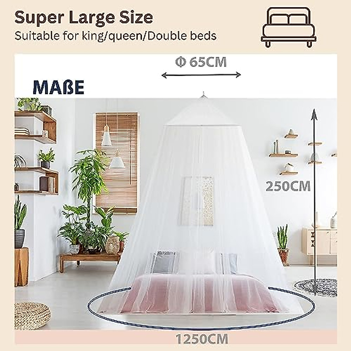 Zufio Mosquito Net for Bed, Extra-Long Bed Canopy for Girls 12.5M Coverage Mosquito Bed Net Essential Summer Netting Cover for Home Outdoor& Trip (A-White Dome)