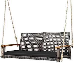 Tangkula 2-Person Outdoor Porch Swing with 118" Hanging Ropes, Patiojoy PE Wicker Patio Hanging Swing Bench with Soft Seat Cushion & 800 Lbs Weight Capacity, Suitable for Patio, Garden (Black)