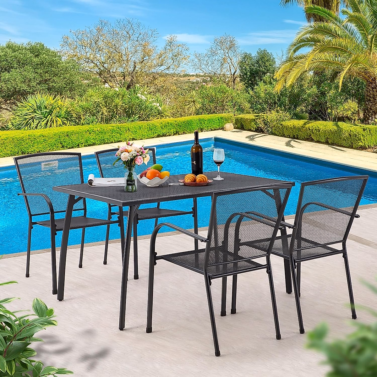 AECOJOY Metal Outdoor Table and Chairs Patio Dining Table Set for 4 Outside 51" Dining Table with Umbrella Hole Rectangle Table and 4 Stackable Chairs, Patio Furniture Set for Garden Backyard Balcony
