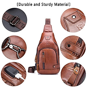 BULLCAPTAIN Leather Sling Bag Mens Chest Bag Casual Shoulder Crossbody Bags Travel Hiking Backpacks Daypack with USB Charging Port (Brown)
