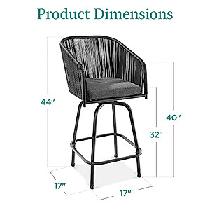 Best Choice Products Set of 2 Woven Wicker Swivel Bar Stools, Patio Bar Height Chair for Backyard, Pool, Garden, Deck w/ 360 Rotation, 250lb Capacity - Black/Gray