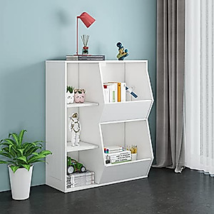 HORSTORS Toy Storage Organizers, Kids Bookcase and Bookshelf, Open Muti-Bins Toy Storage Display Cabinet for Girls & Boys Bedroom, Playroom, Nursery, Classroom, White