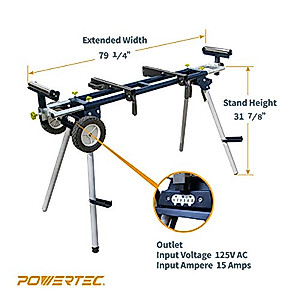 POWERTEC MT4000 Folding Miter Saw Stand with 8-Inch Wheels and 110V Power Outlets, Universal Quick-Release Brackets