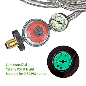 Generep Adjustable Propane Tank Regulator 0-30 PSI,12 Foot High Pressurepropane Hose with Gauge/Indicator,More Durable Stainless Steel Braided Gas Hose and LP Gas Regulator(12 FT)