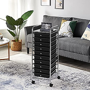 Topeakmart Plastic Trolley with 10 Drawers Rolling Cart Organizer Utility Cart Storage Bin Organizer on Wheels, Black