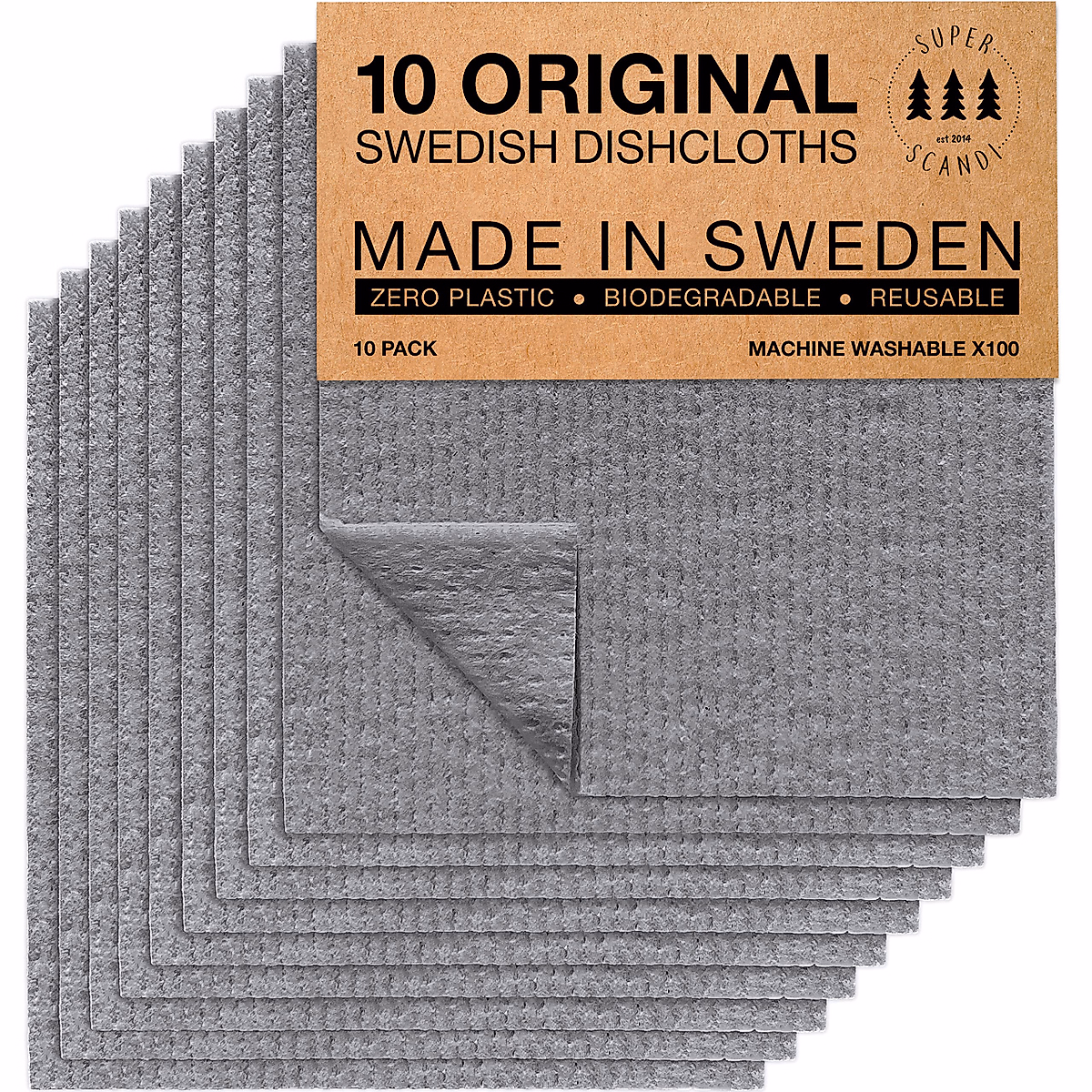 SUPERSCANDI Swedish Dishcloths for Kitchen Grey 10 Pack Reusable Compostable Kitchen Cloth Made in Sweden Cellulose Sponge Swedish Dish Cloths for Washing Dishes