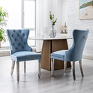 Restworld Velvet Dining Chairs Set of 2,Upholstered Tufted Back Nail Trim Accent Chair with Stainless Steel Legs,Blue