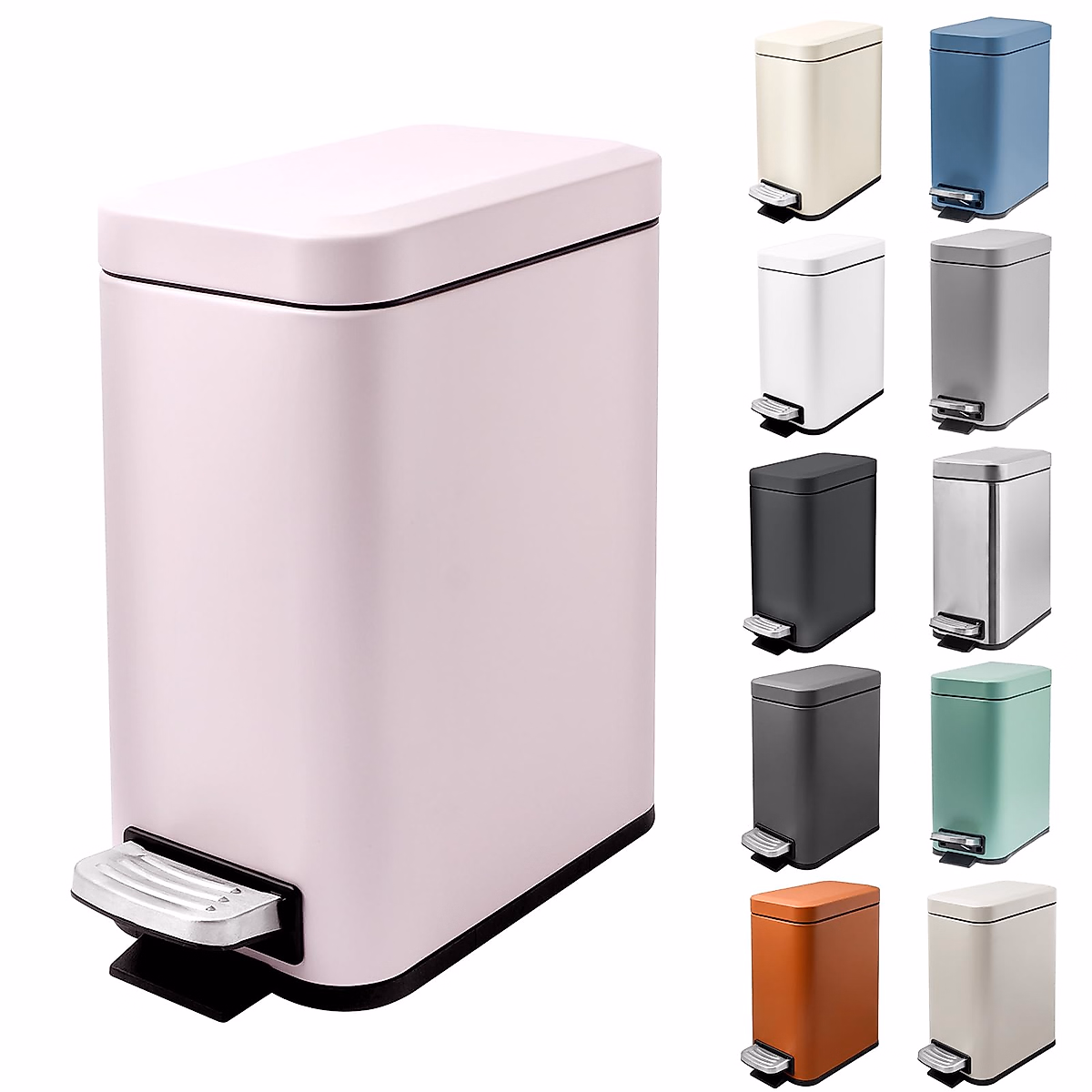 M-Aimee 1.3 Gallon Slim Small Trash Can with Lid Soft Close, Stainless Steel Garbage Can for Bathroom Bedroom Office, Rectangular Step Trash Bin with Removable Inner Waste Basket (Pink)
