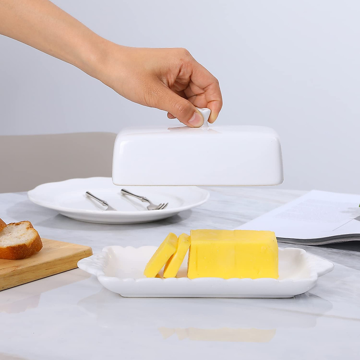 MyGift Vintage French Country Style White Ceramic Large Butter Dish Tray with Tulip Handle Top Lid, Kitchen Countertop Bi-Coastal Butter Keeper with Cover, Holds 2 Sticks