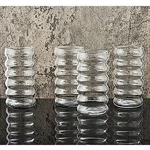ALINK Ribbed Drinking Glass Cups with Straws Set of 4, 16 oz Aesthetic Iced Coffee Glasses, Wave Bubble Glasses Tumbler, Ripple Glassware, Beer Glasses for Coctail, Milk, Soda, Gift with Brush