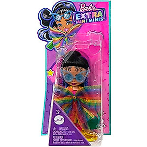 Barbie Extra Mini Minis with Blue-Streaked Black Ponytail Wearing Rainbow Dress & Accessories & Stand, 3.25-inch