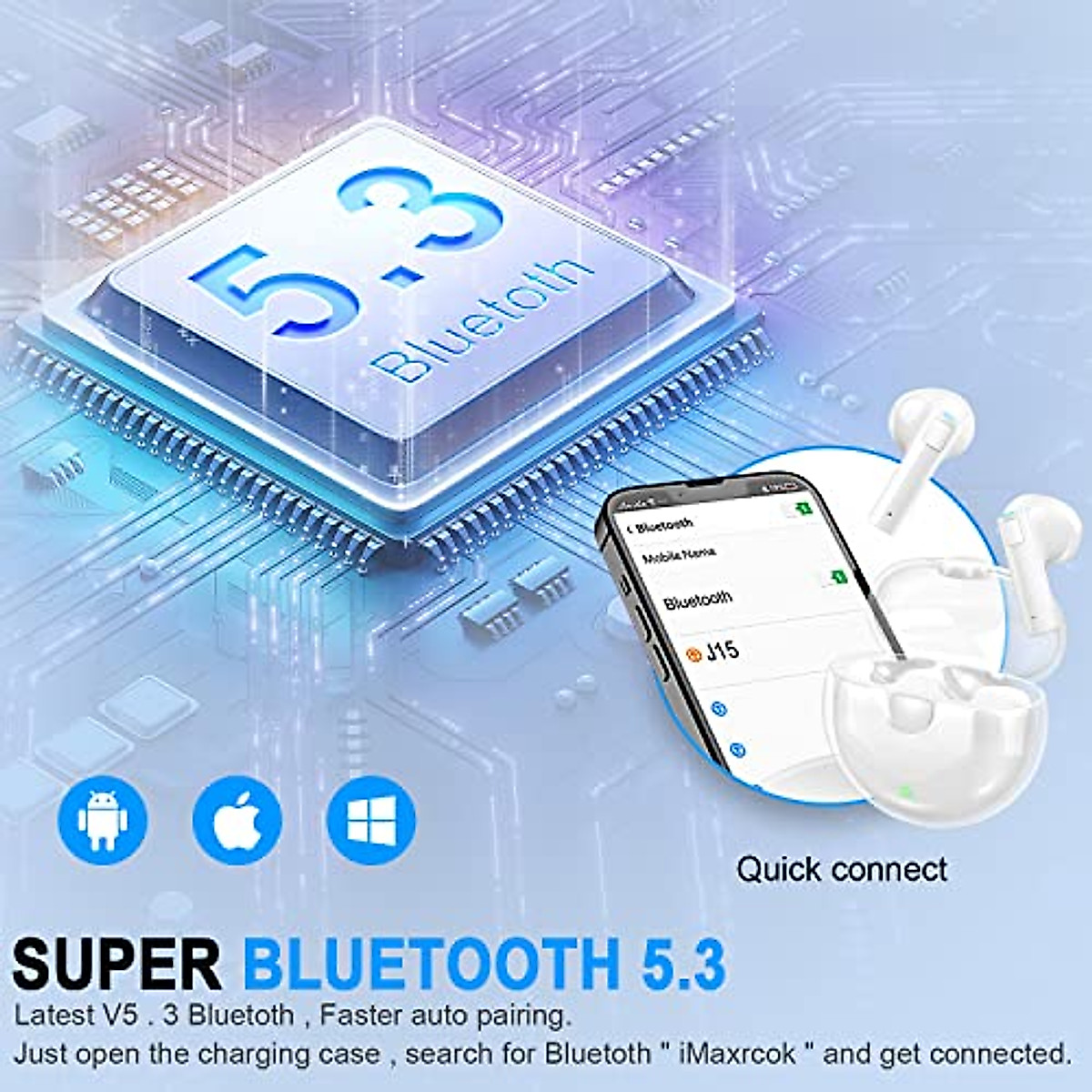 MAXROCK True Wireless Earbuds,TWS Bluetooth Headphones Stereo Powerful Sound TWS Earphones,30H Playtime,Sweat Proof Dual Bluetooth 5.2 Headset with Built-in Mic for Sports,Transparency Black (White)