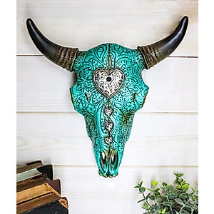 Ebros 10" Wide Western Southwest Steer Bison Buffalo Bull Cow Horned Skull Head Turquoise Silver Heart With Scroll Lace Design Wall Mount Decor Native Indian Sacred Animal Totem Bust Skulls
