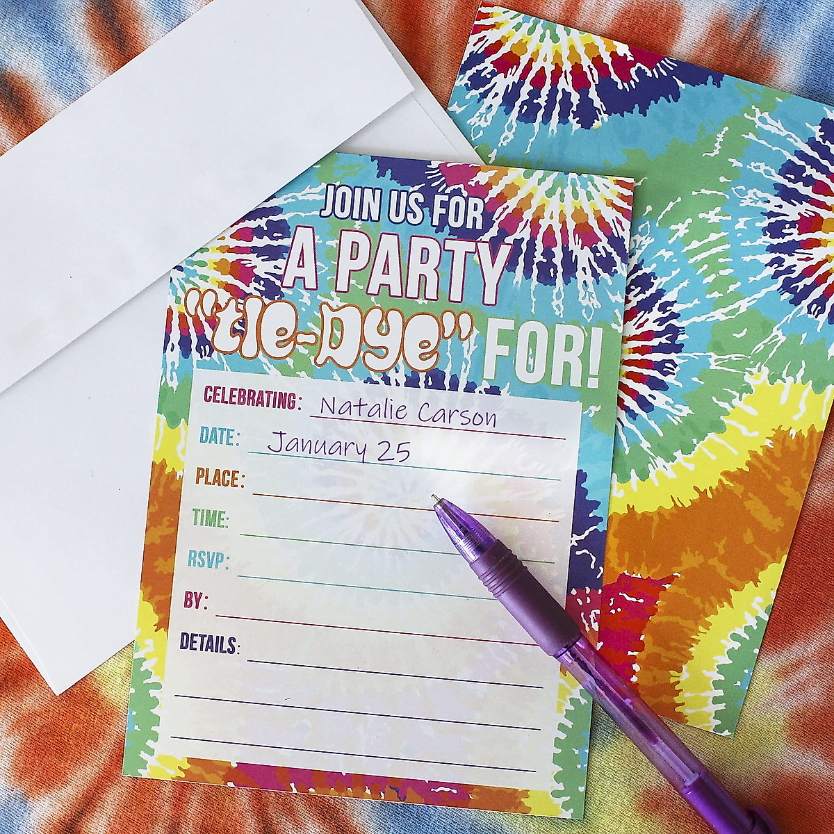 DISTINCTIVS Tie Dye Birthday Party Invitations - Peace, Love, Party - 10 Fill In Invite Cards with Envelopes - Kid, Tween or Teen 60s Groovy Themed Party Supplies