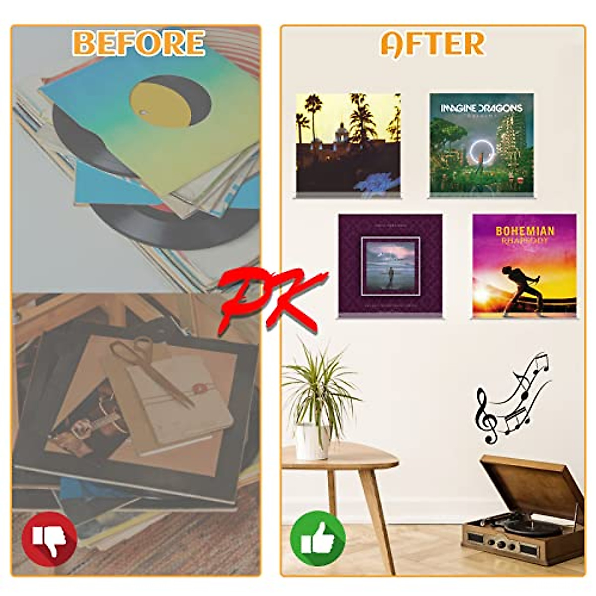 6 Pack Vinyl Record Display Shelf with Record Outer Sleeves, LASZOLA 3 Size Acrylic Record Wall Mount Holder Display Rack Clear Floating Shelves with Album Protector Sleeves - 7inch, 12inch, 15inch