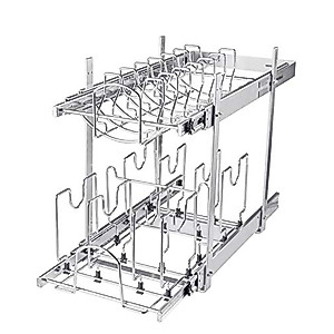 Mecete Pull Out Cabinet Base Organizer Pull-Out 2-Tier Base Cabinet Cookware Organizer (12 Inches) for Pots, Pans, and Lid Cookware, Chrome