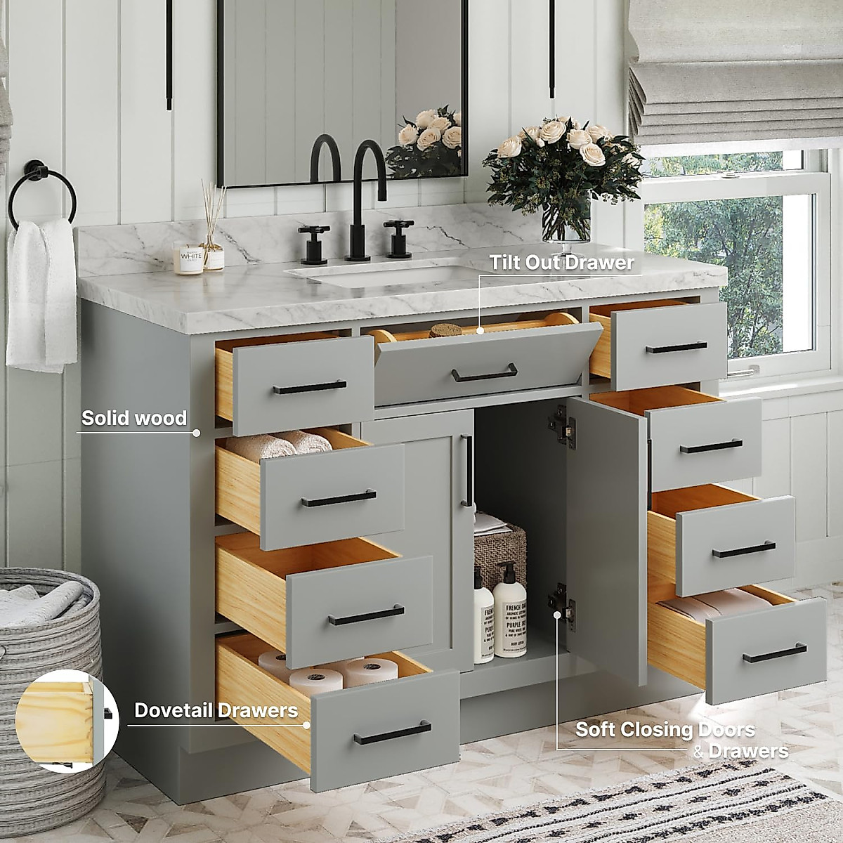 ARIEL Hepburn Bathroom Vanity Base Cabinet 48" Grey, Single Sink Configuration, 2 Soft Closing Doors, 9 Full Extension Dovetail Drawers, Toe Kick, Matte Black