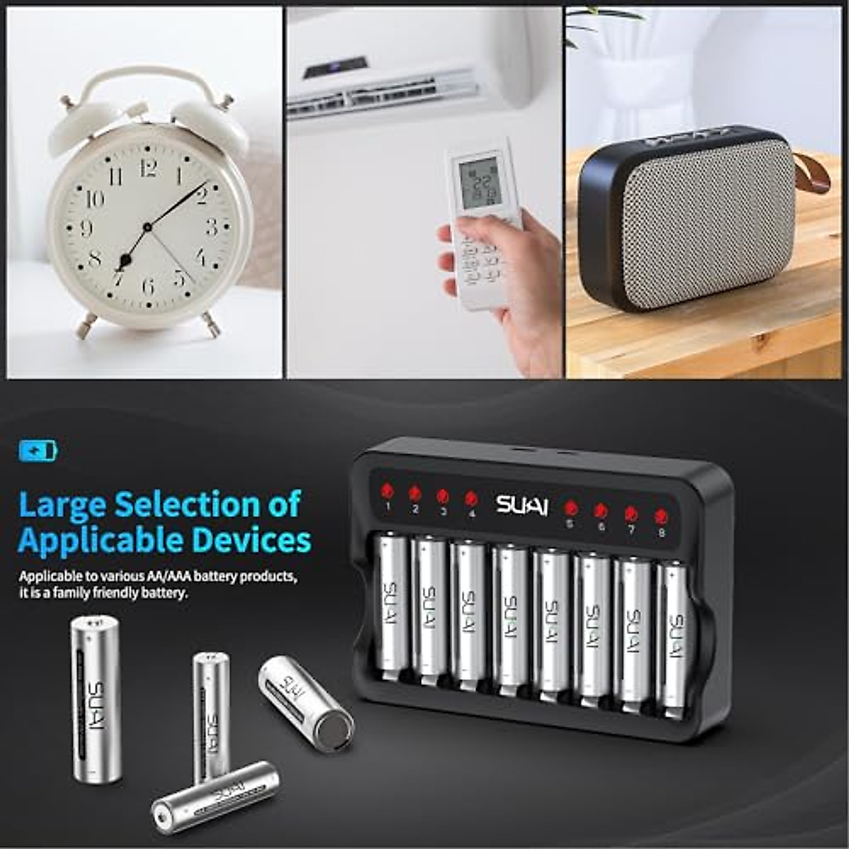 SUKAI Rechargeable AA Batteries with Charger, 8 Count 2800mAh High Capacity and Low-self Discharge 1.2V Ni-MH Double A Batteries, with Smart Battery Charger for AA AAA, USB or Type-C Fast Charging