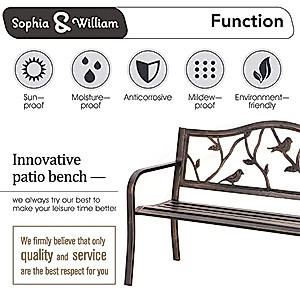 Sophia & William Outdoor Garden Park Bench Patio Metal Bench, Steel Frame Bench with Backrest and Armrests for Porch, Lawn, Balcony, Backyard and Indoor, Bronze