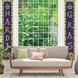 Linen Mardi Gras Porch Banner Carnival Party Decorations Purple Yellow Green Diamond Lattice Front Door Sign Wall Hanging Decorations and Supplies for Home Office