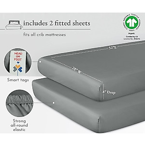 100% Organic Cotton Crib Sheets for Boys or Girls, Set of 2 Fitted Sheets, Cooling & Softest Baby Crib Sheets for Girl, Crib Mattress Sheet or Toddler Bed Sheets, Percale (Dark Gray)