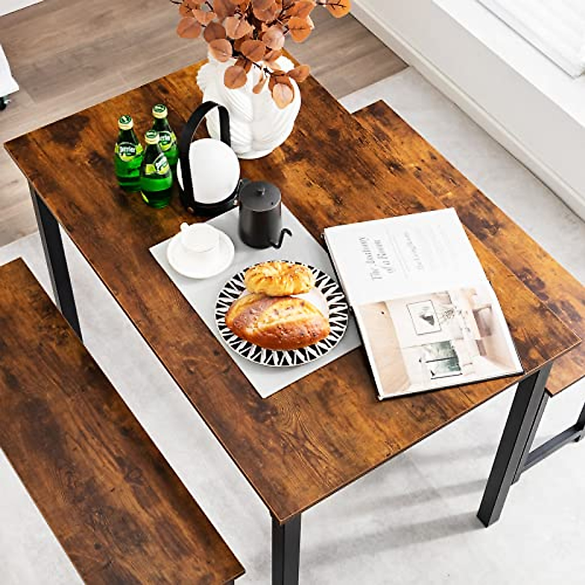 Moccha 3-Piece Dining Table Set for 4, 43" Modern Dining Room Table Set w/2 Benches & Metal Frame, Space Saving Kitchen Table Set for Living Room, Breakfast, Small Space (Rustic Brown & Black)