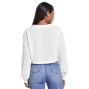 SheIn Women's Pullover Cropped Tshirt Long Sleeve V Neck Casual Crop Tops White X-Large