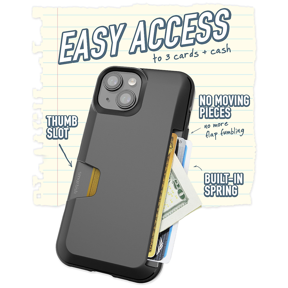 Smartish iPhone 15 Wallet Case - Wallet Slayer Vol. 1 [Slim + Protective] Credit Card Holder - Drop Tested Hidden Card Slot Cover Compatible with Apple iPhone 15 - Black Tie Affair