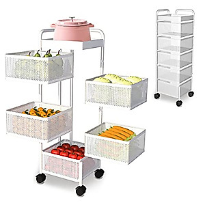 PINFENGJIAJU Rotating Kitchen Storage Shelf with Handle, Fruit Vegetable Storage Basket, Rolling Storage Cart, Multifunctional Household Shelf for Bedroom, Bathroom, Living Room(White, 5-Tier Square)