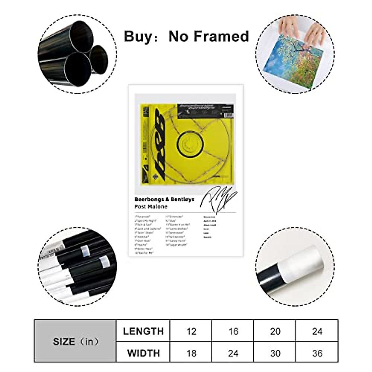 Post Rapper Malone Poster Beerbongs And Bentleys Album Cover Posters Canvas Poster Bedroom Decor Sports Landscape Office Room Decor Gift Unframe: 12x18inch(30x45cm)