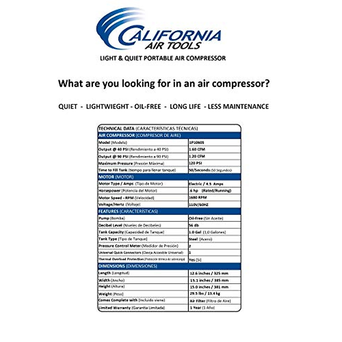 California Air Tools CAT-1P1060S Light & Quiet Portable Air Compressor, Silver