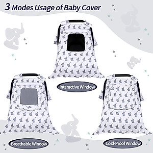 Baby Car Seat Cover, Infant Carseat Canopy with 3 Layers Windows, Breathable Mesh Peep Window, Kick-Proof Carrier Cover for Boys Girls, Windproof Stroller Cover Shower Gift for Newborn (Elephant)