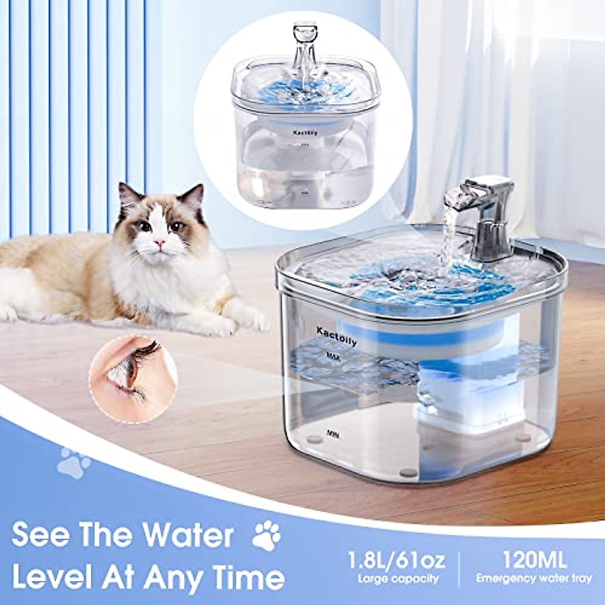 Kactoily Water Fountain for Cats Inside Pet Fountain Cat Water Dispenser Automatic 61oz/1.8L Ultra-Quiet Cat Drinking Fountains(USB Adapter, Brush, Cloth, 2*Filter)