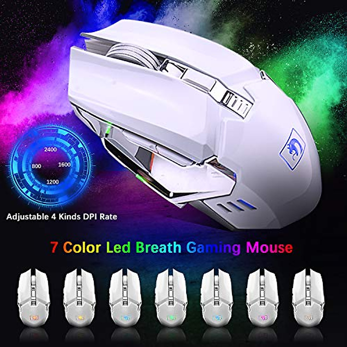 Wireless Gaming Keyboard and Mouse,16 Kinds RGB LED Backlit Rechargeable Keyboard Mouse with 4800mAh Battery Metal Panel,Mechanical Feel and Gaming Mute Mouse for PC Gamers(White RGB Backlit)