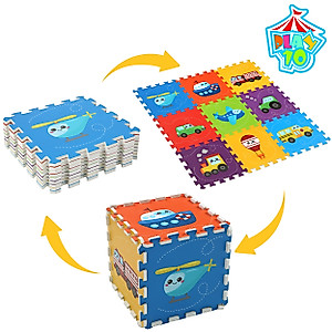 PLAY 10 Baby Play Mat, Foam Playmat for Babies, Kids Play Mat, Foam Floor Tiles 34×34 9 Pieces Vehicle Puzzle Mat