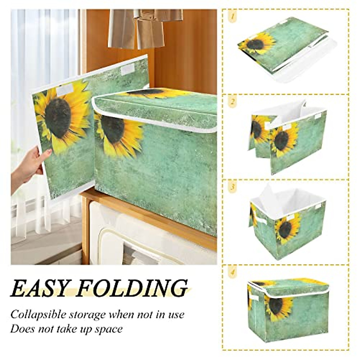 RunningBear Sunflower Teal Large Storage Bins with Lid Collapsible Storage Bin Nursery Baskets Cute Storage Box for Shelf Closet Nursery Home