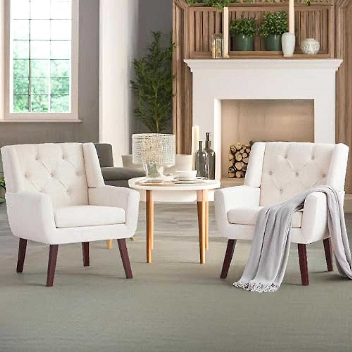 HUIMO Accent Chair Set of 2, Button-Tufted Chairs,Upholstered Reading Living Room Chair,Mid Century Modern Chair with Linen Fabric, Club Chair,Comfy Arm Chairs for Living Room,Bedroom,White