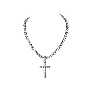 Iced Out Cross Pendant on Tennis Chain for Men or Women - Bling'ed Out Hip Hop Jewelry on Blast! - Gold or Silver and Size Your Choice - TN001 Cross (16" Silver)