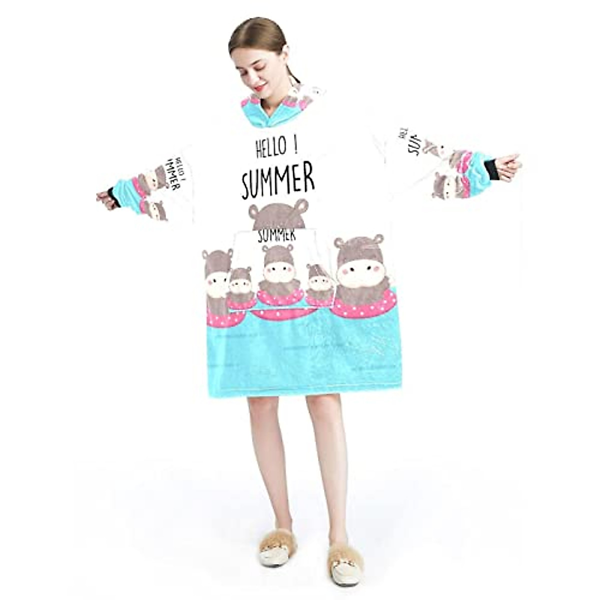 Wearable Blanket Hoodie,Oversized Hooded for Women,Comfy Sweatshirt Hello Summer Cute Hippo-01