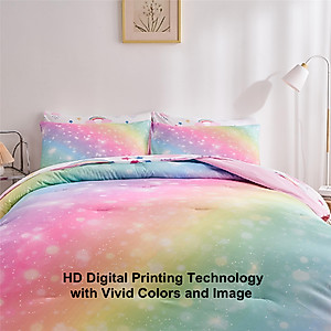 URLINENS Rainbow Girls Twin Comforter Set with Sheets, 5 Pieces Twin Bed in a Bag with Comforter, Sheets and Pillowcases, Soft Microfiber Pastel Glitter Fun Girly Twin Bedding Set for Kids Teens