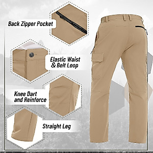 TACVASEN Mens Cargo Pants Water Resistant Ripstop Hiking Pants Elastic Waist Quick Dry Breathable Climbing Workout Khaki