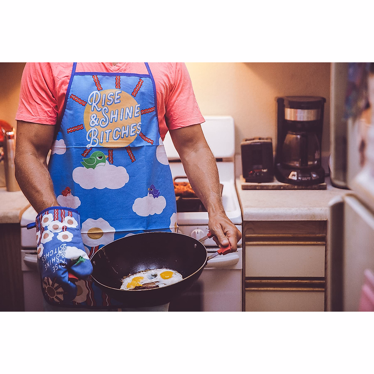 Rise And Shine Bitches Funny Breakfast Bacon And Eggs Graphic Kitchen Accessories Funny Graphic Kitchenwear Funny Food Novelty Cookware Blue Oven Mitt