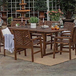 Walker Edison 6 Person Outdoor Wood Chevron Patio Furniture Dining Set Extendable Table Chairs All Weather Backyard Conversation Garden Poolside Balcony, 7 Piece, Dark Brown