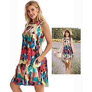 Beach Dresses for Women Summer Tshirt Floral Sundress Sleeveless Pockets Casual Loose Tank Dress(S2-COL,L) Multicolor