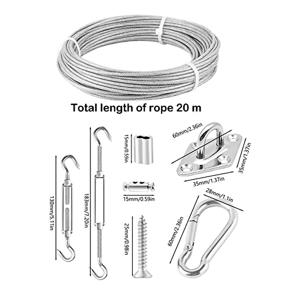 FSHIHINE Shade Sail Hardware Kit with Cable Wire 66FT, Stainless Steel Sun Shade Sail Installation Kit , Turnbuckles Eye Hook Kit for Garden Triangle and Square, Rectangle, Awning, Outdoor Patio Lawn