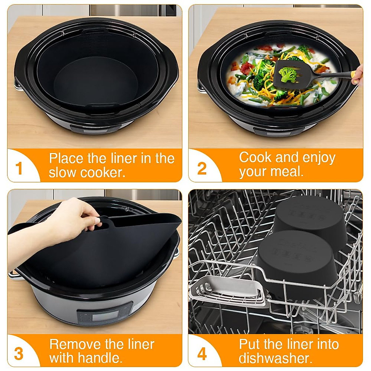 ChefAid Slow Cooker Liners Crock Pot Insert Accessories for 5 6 7 Quart Slow Cookers, 100% Silicone Reusable Liner, Food Safe & Dishwasher Safe (Black)