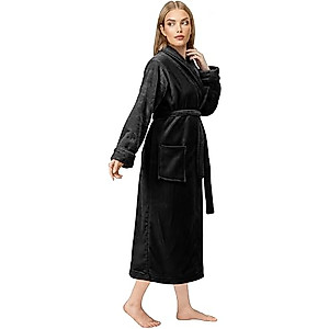 NY Threads Women's Fleece Shawl Collar Bathrobe Plush Long Spa Robe, Large, Black
