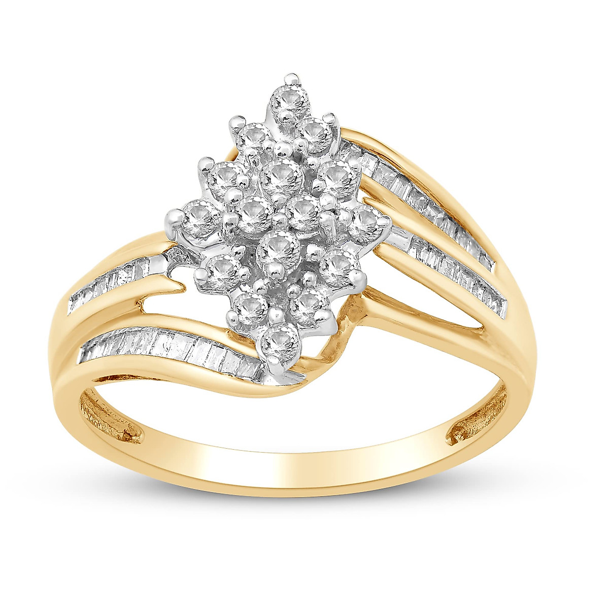 Jewelili 10k Yellow Gold Cluster Ring with Natural White Round and Baguette Diamonds, 1/2 cttw, Size 7