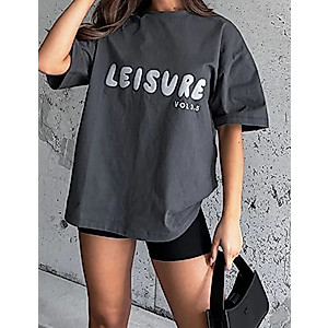 Meladyan Women Leisure Letter Graphic Print Half Sleeve Oversized Tee Shirt Top Crewneck Summer Loose Casual Tshirt Tops Grey